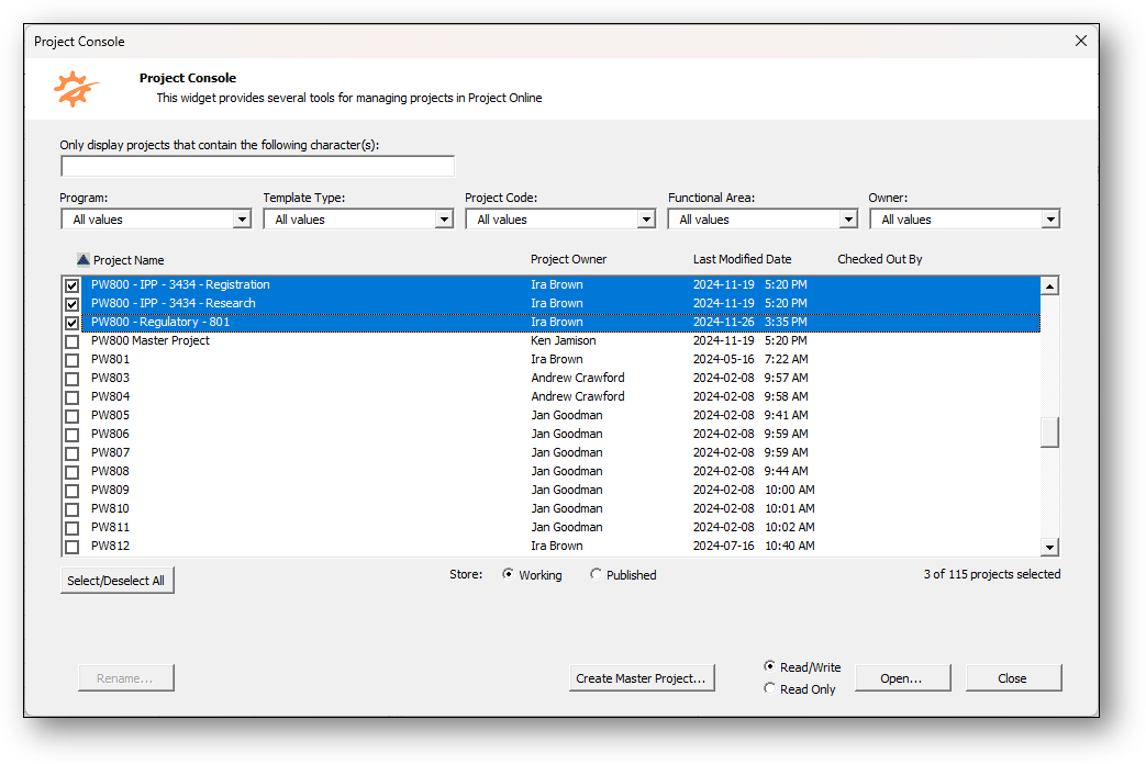 Project Console - Project Widgets